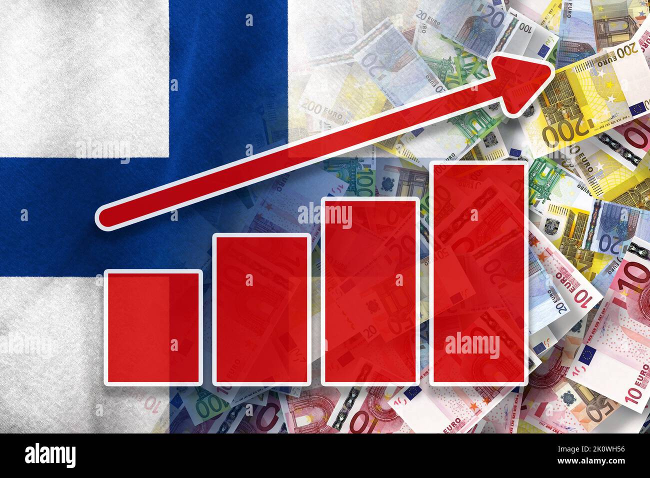 Economy graph: rising arrow, cash euro banknotes and Finland flag ...