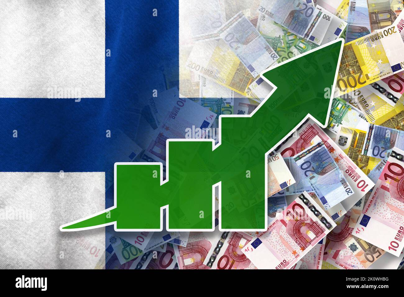 Economy graph: rising arrow, cash euro banknotes and Finland flag ...