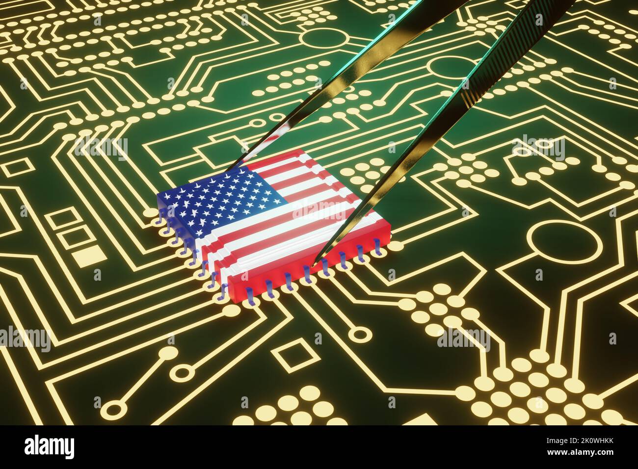 An advanced CPU printed with a flag of USA being held by tweezers on a ...