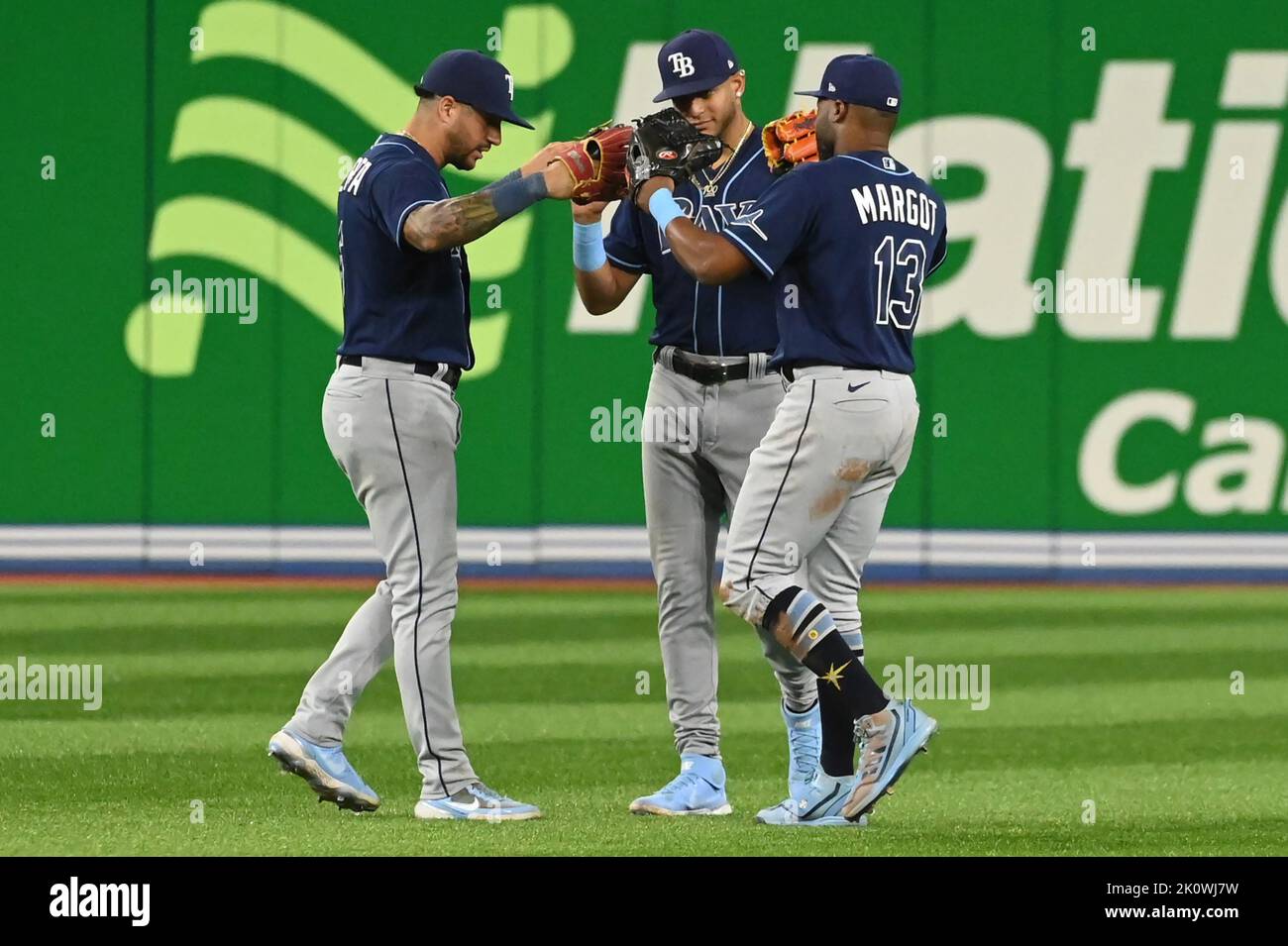 Tampa Bay Rays outfielders, from left, David Peralta, Jose Siri and ...