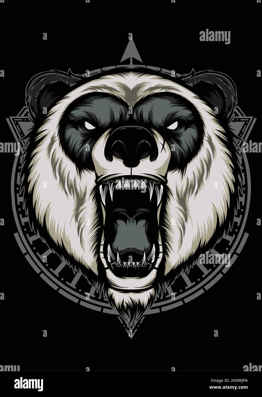 A vertical illustration of an angry panda bear on a black background ...