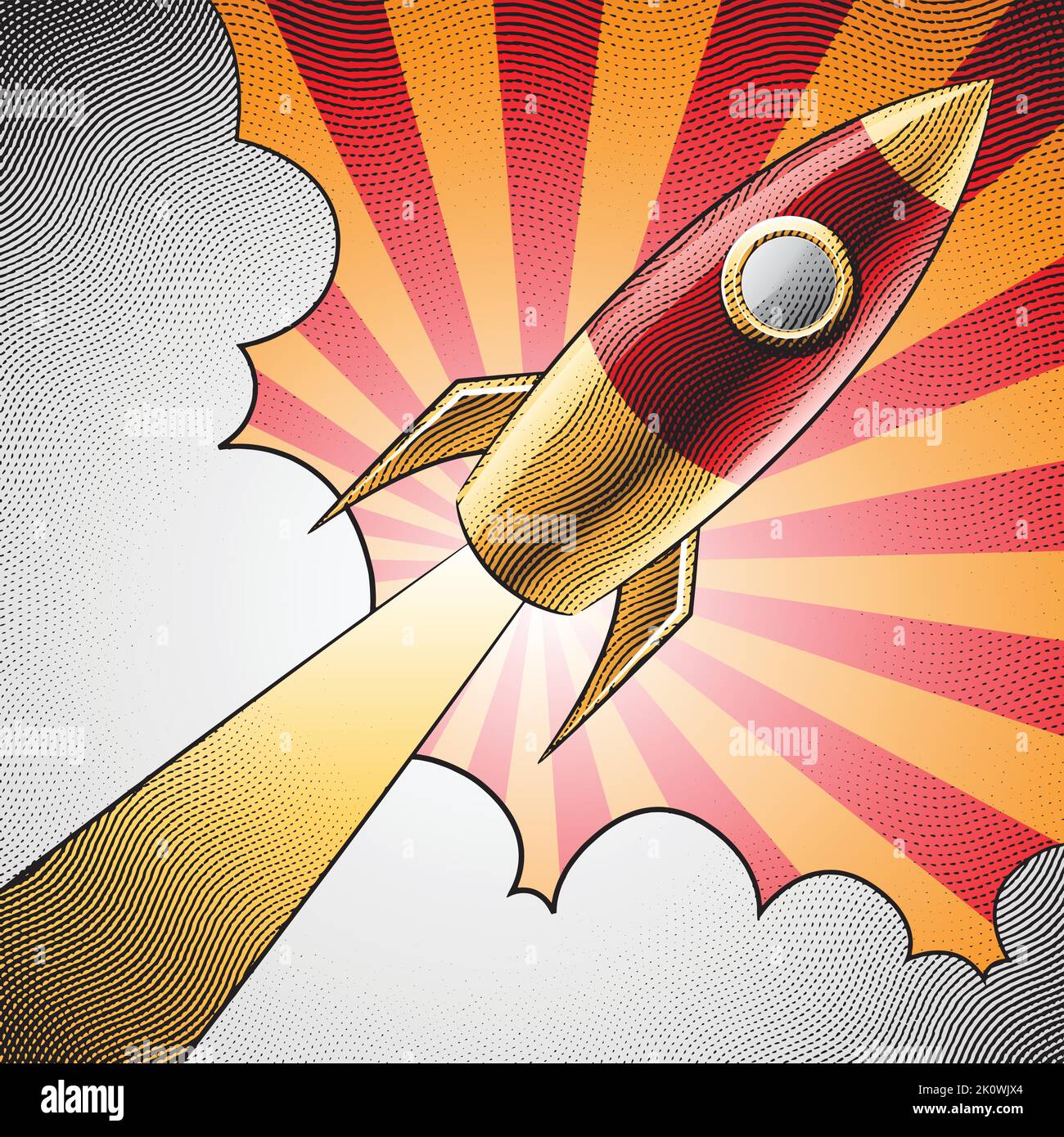 Illustration of Scratchboard Engraved Diagonal Rocket and Clouds on ...