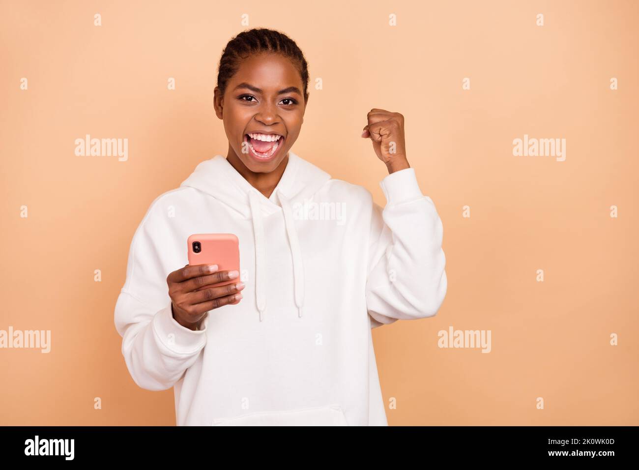 Photo Of Hooray Millennial Braids Hairdo Lady With Telephone Yell Wear