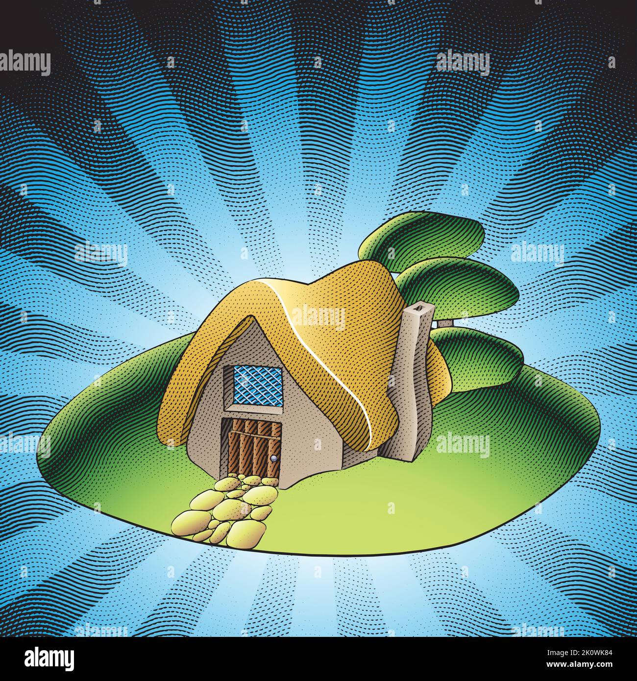 Illustration of Scratchboard Engraved Fairytale House in a Green Garden ...