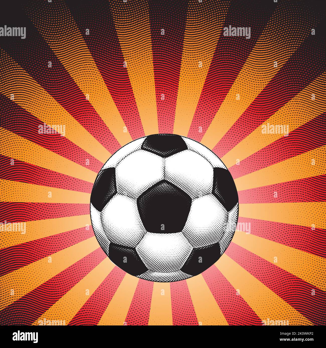 Illustration of Scratchboard Engraved Soccer Ball over a Red Striped ...