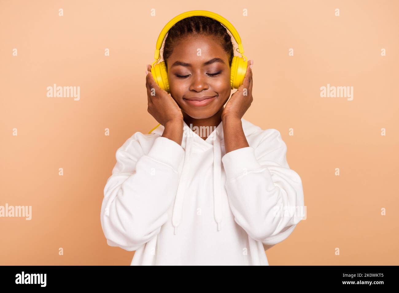 Photo of sweet millennial brunette lady wear headphones sportscloth ...