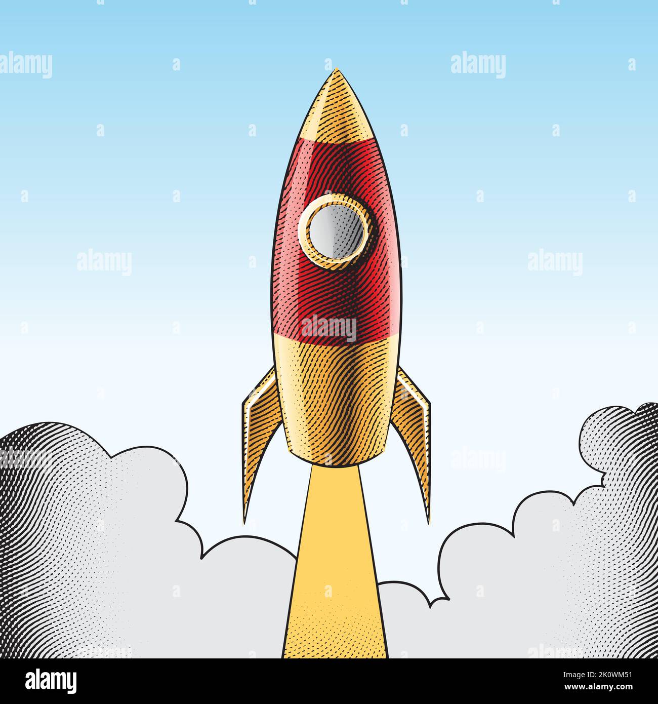 Illustration of Scratchboard Engraved Rocket Launching Over a Blue Sky ...