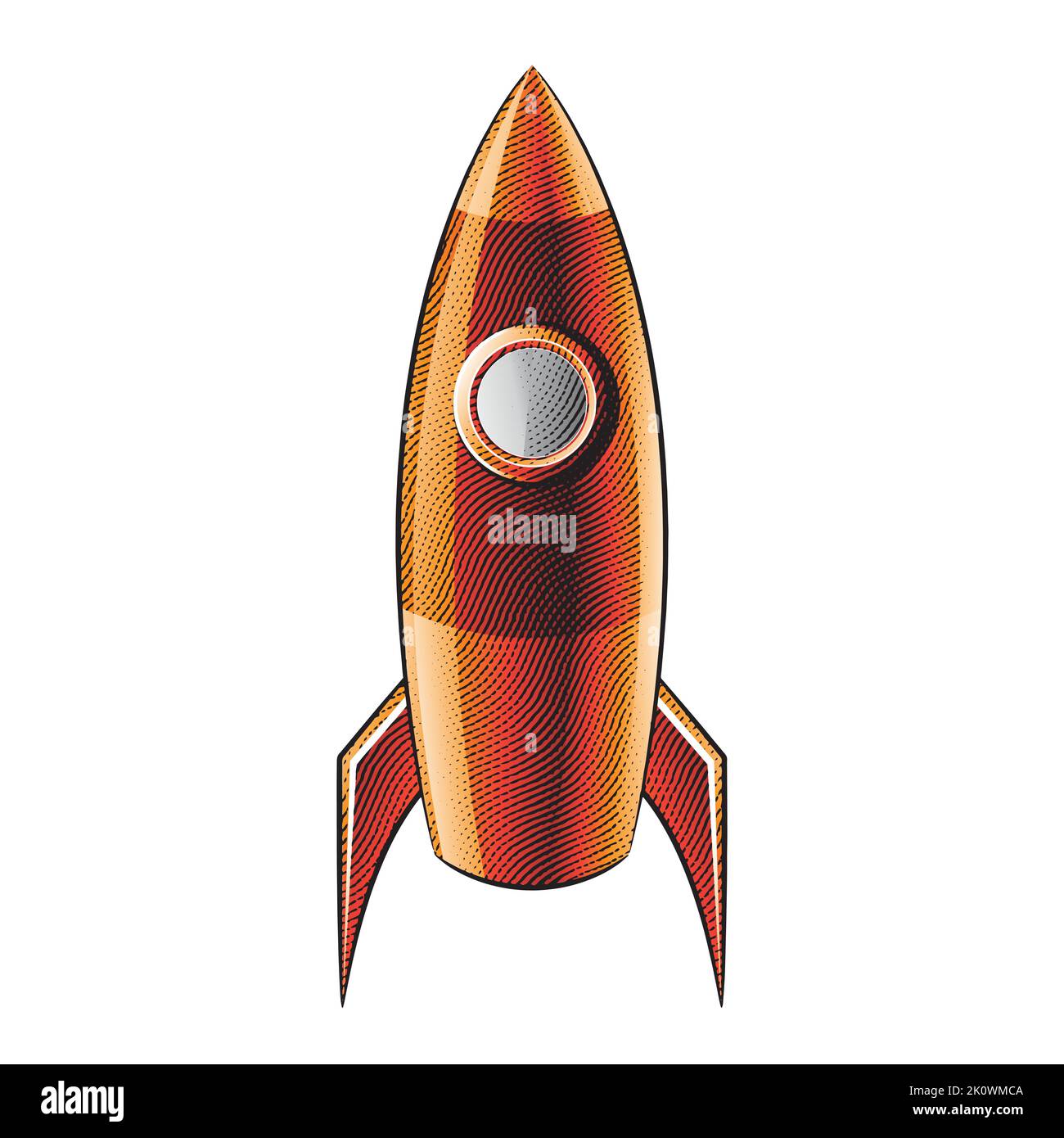 Illustration of Scratchboard Engraved Orange Rocket Over a White ...