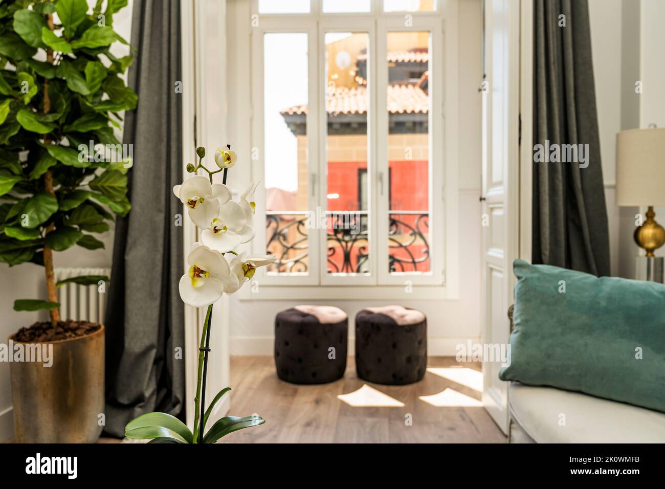 Fresh flowers in a living room with a bay window with white windows and ...