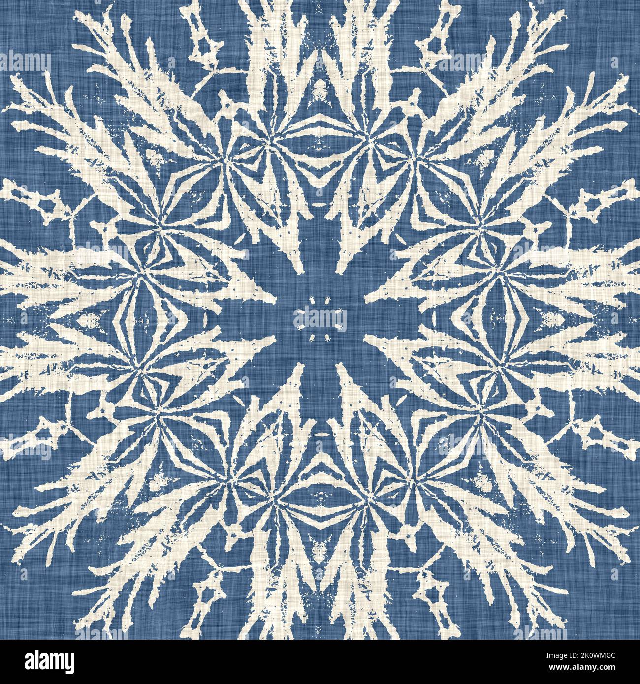 Farmhouse blue snow flake pattern background. Frosty batik french ...