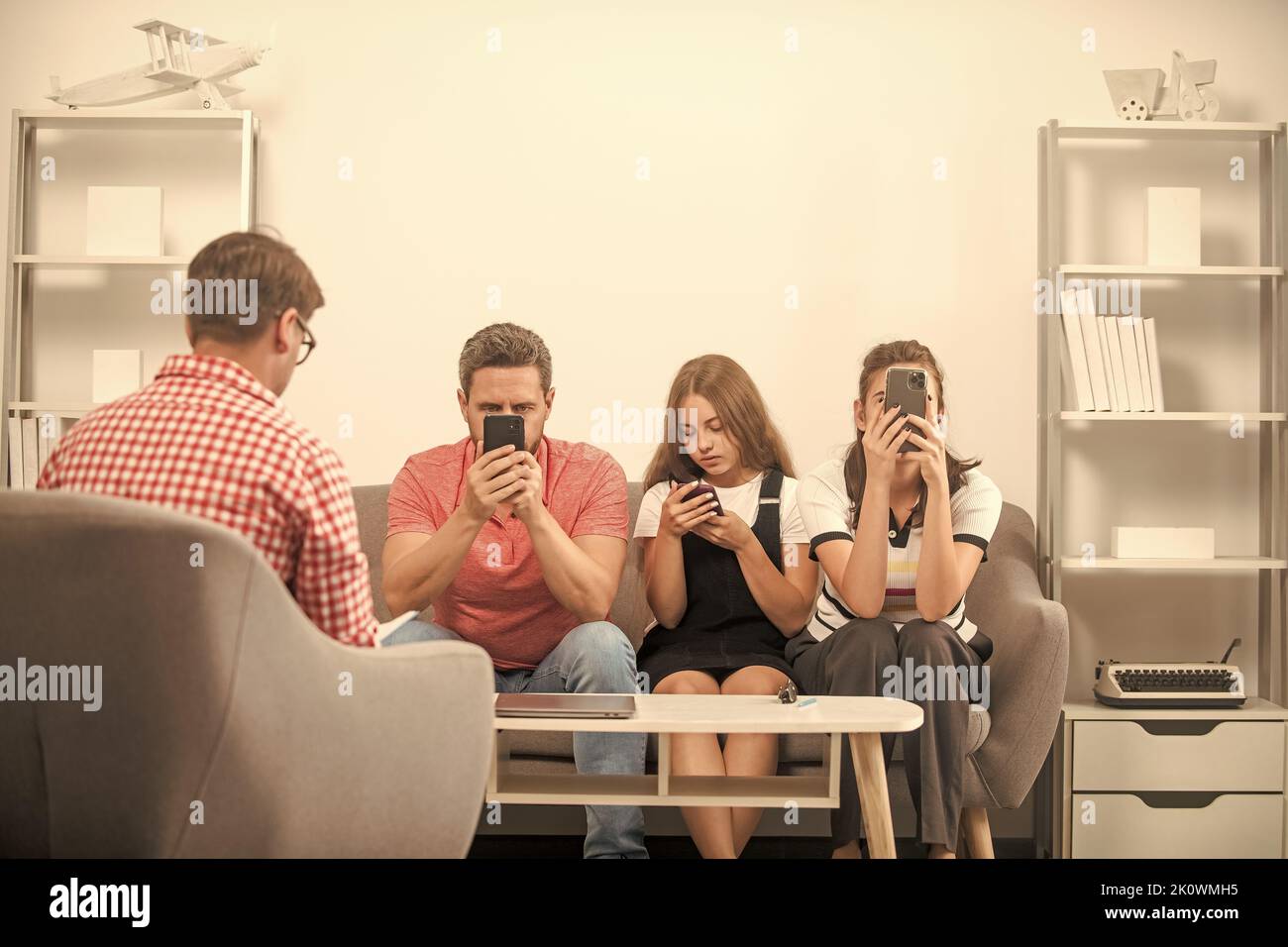 phone addicted father mother and child at family psychologist, internet ...