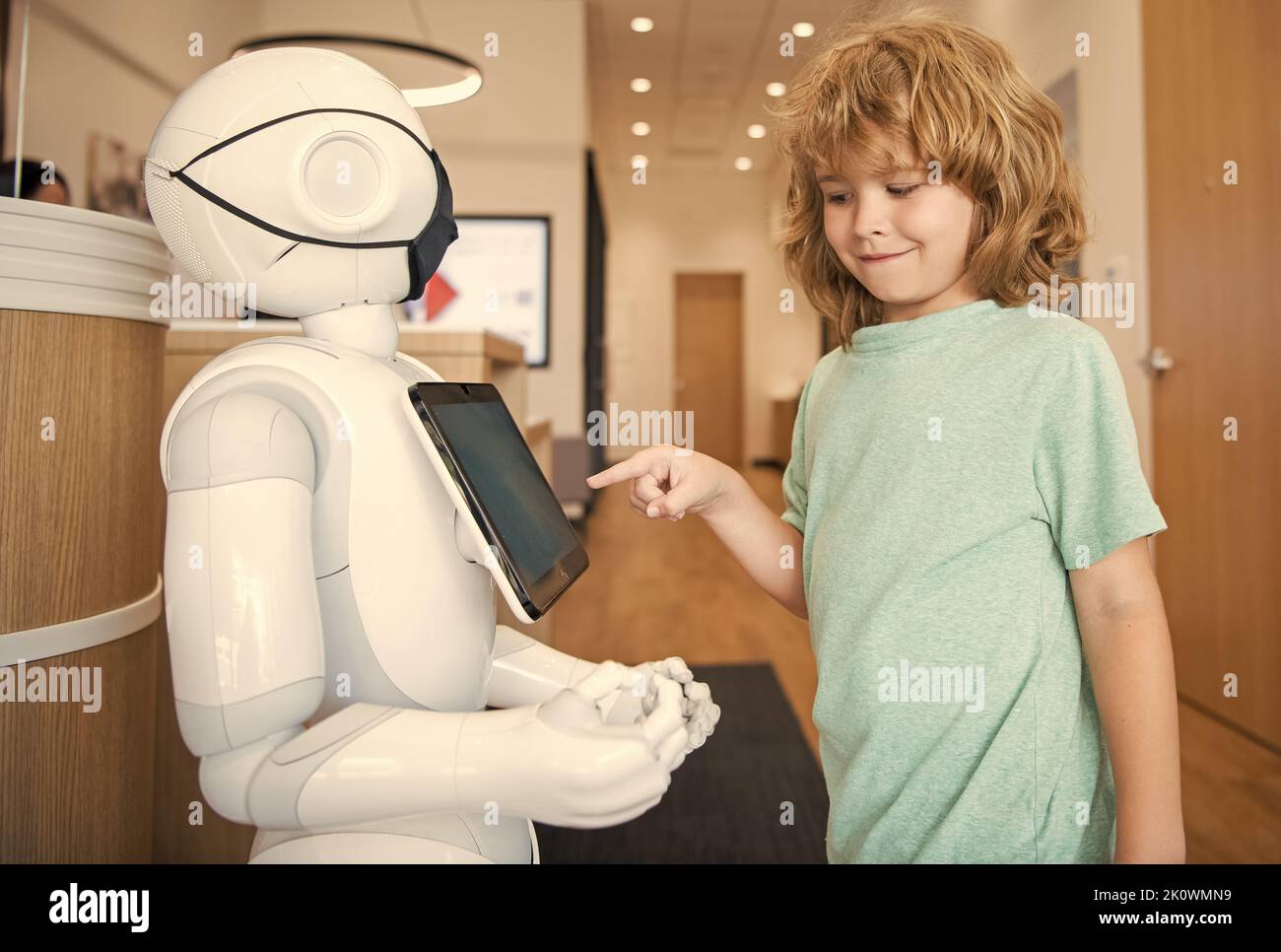 boy interact with robot artificial intelligence, communication Stock ...
