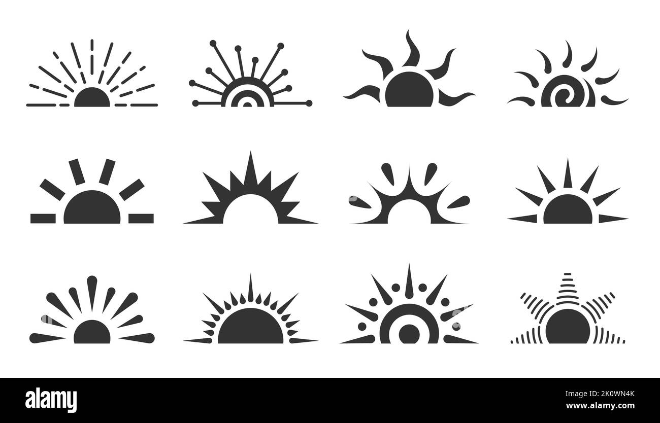 Half sun flat icon set. Sunrise sunset logo isolated on white. Various ...
