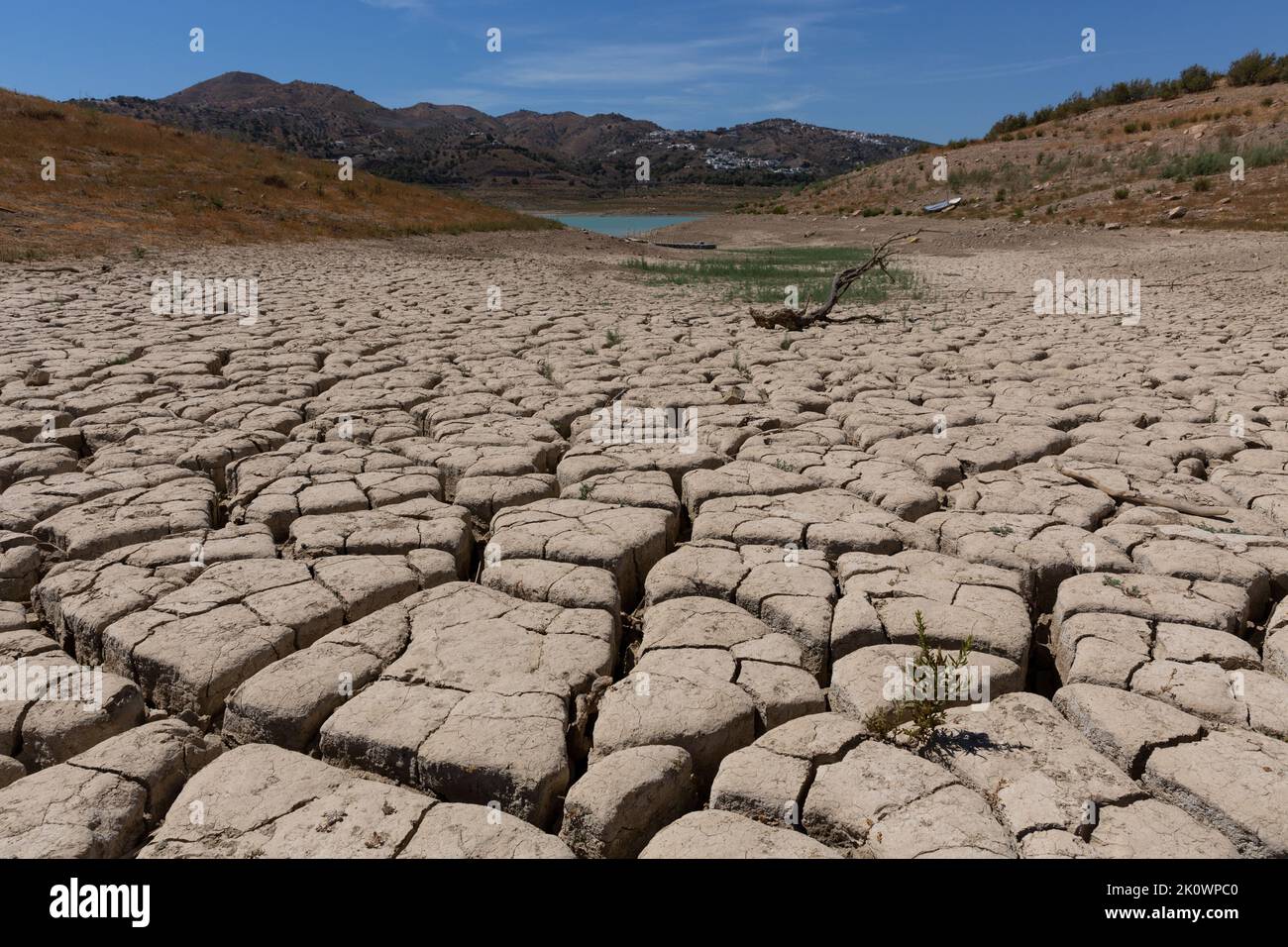 Cracked mud as drought affects Vinuela reservoir in Malaga, Spain Stock ...