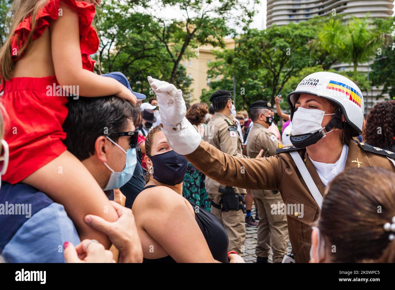 Brazilian military police woman greeting spectators at Praça da ...