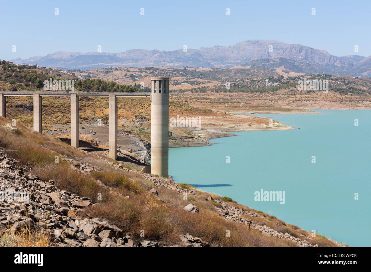 Drought affects Vinuela reservoir (Embalse La Viñuela) in Malaga, Spain ...