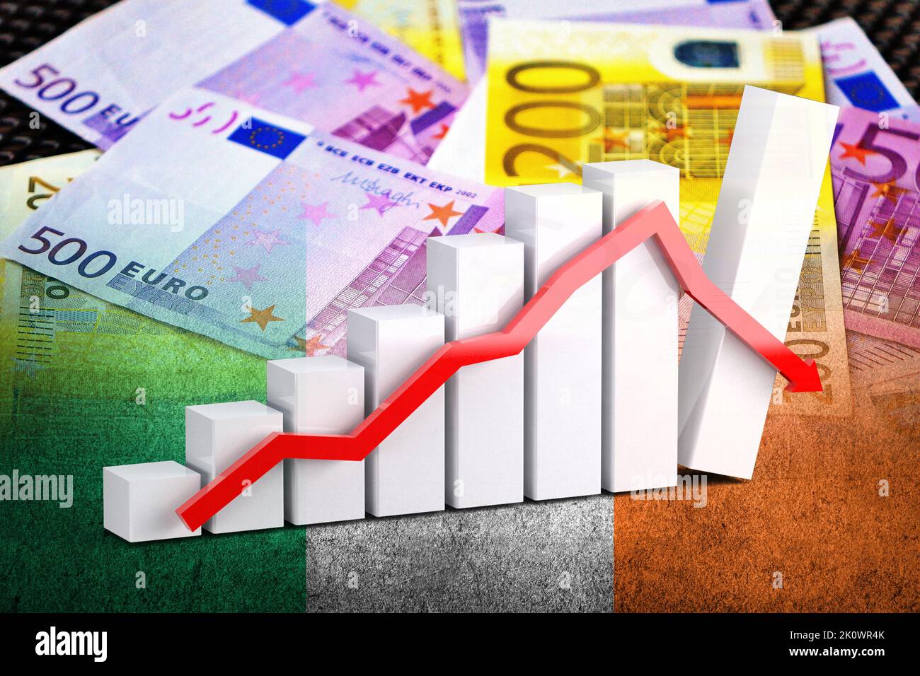 Economy Graph: Downward Arrow, Euro Cash Banknotes and Ireland Flag ...