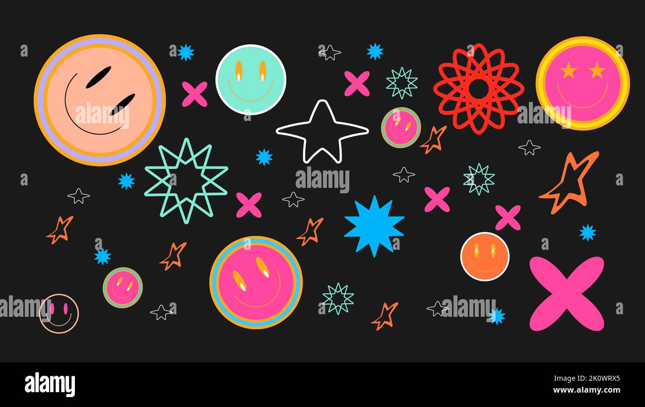 Cool trendy retro stickers with smile faces, cartoon comic label ...