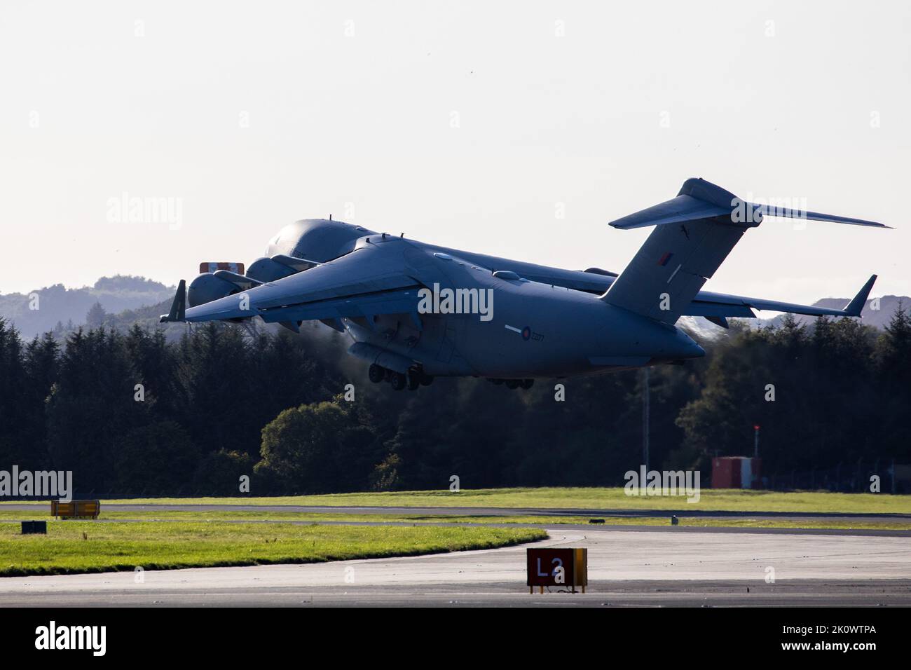 The RAF C17 aircraft carrying the coffin of Queen Elizabeth II, takes ...