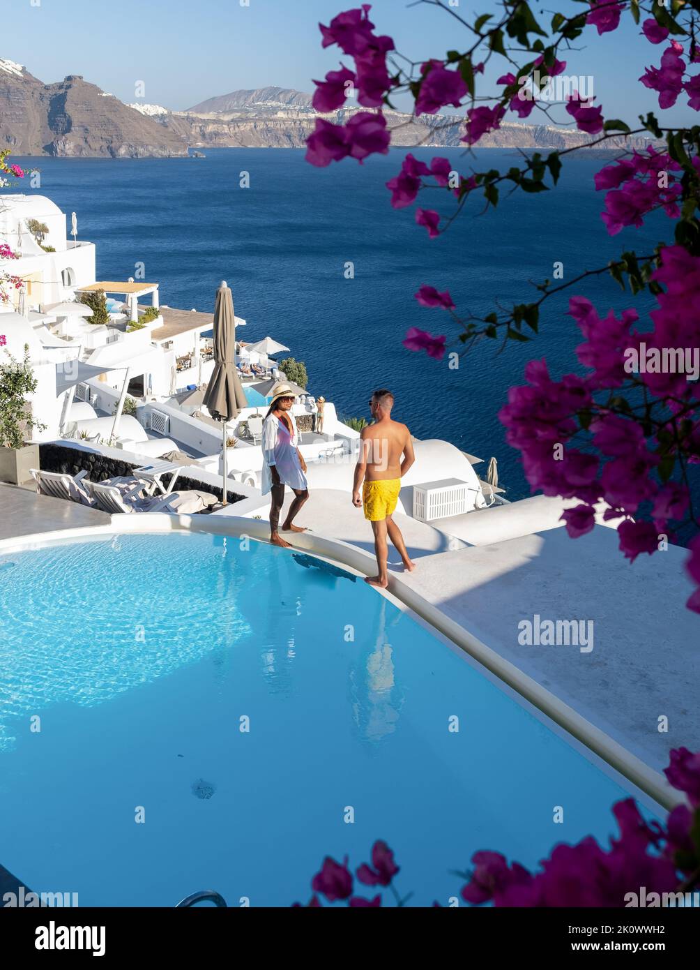 On vacation in Santorini Greece, two men and women visit Oia Santorini ...