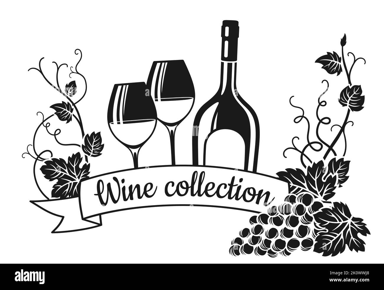 Wineglass and bottle, grape bunch and ribbon engraving composition ...