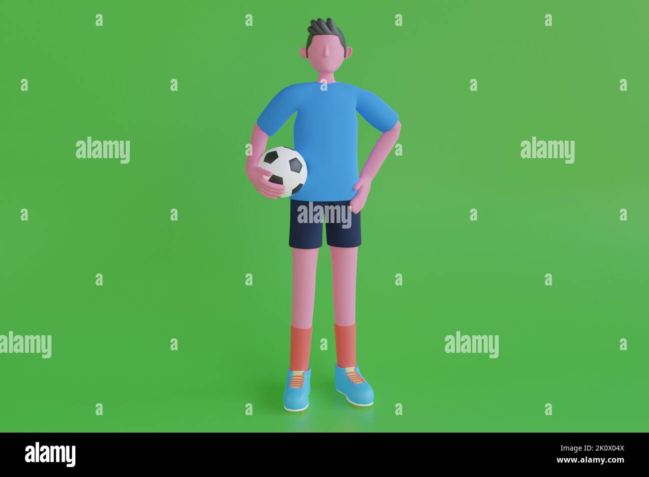 3D Football player with ball isolated green background. Football player ...