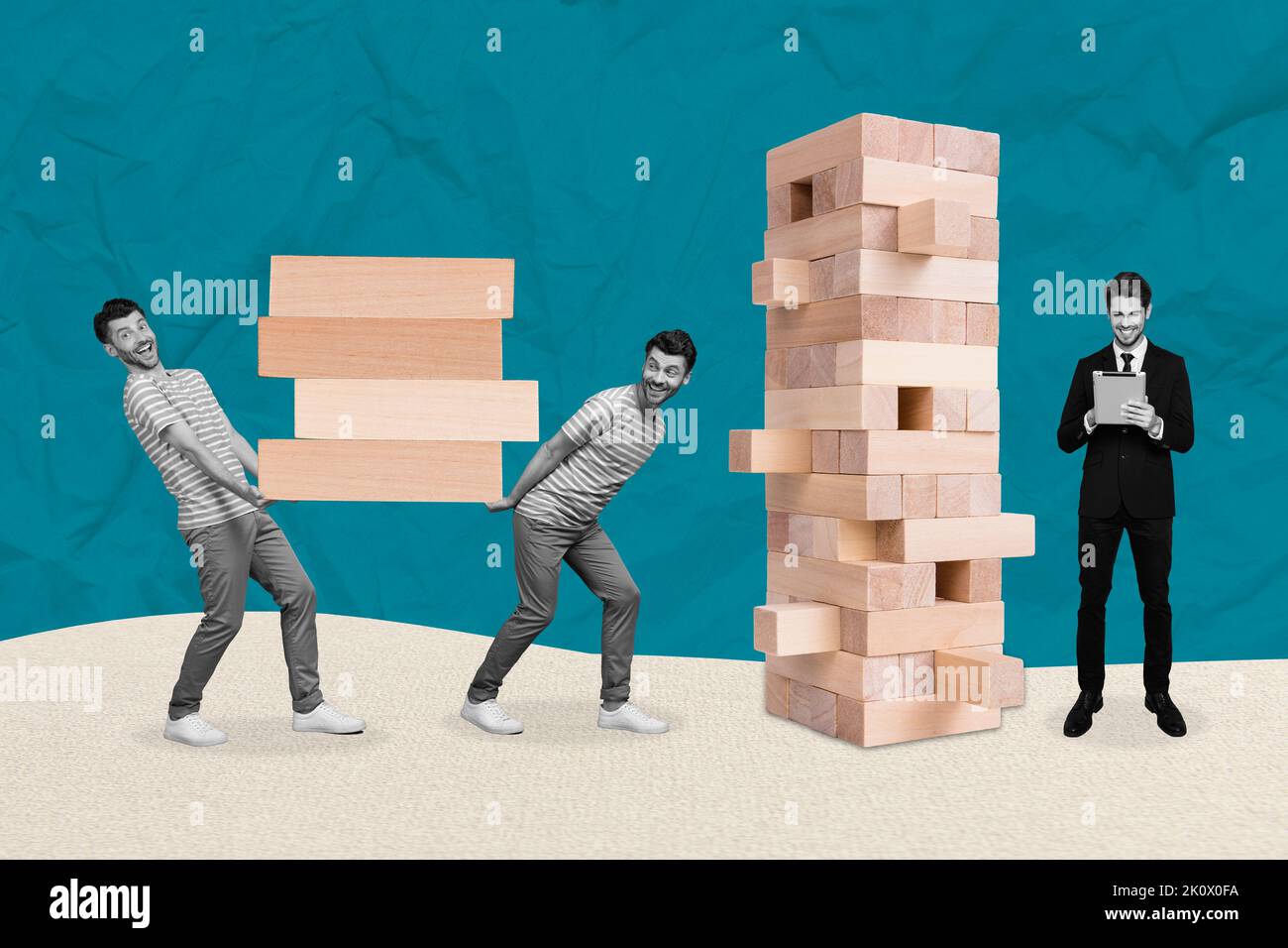 Creative photo collage of work people building jenga board game wooden ...