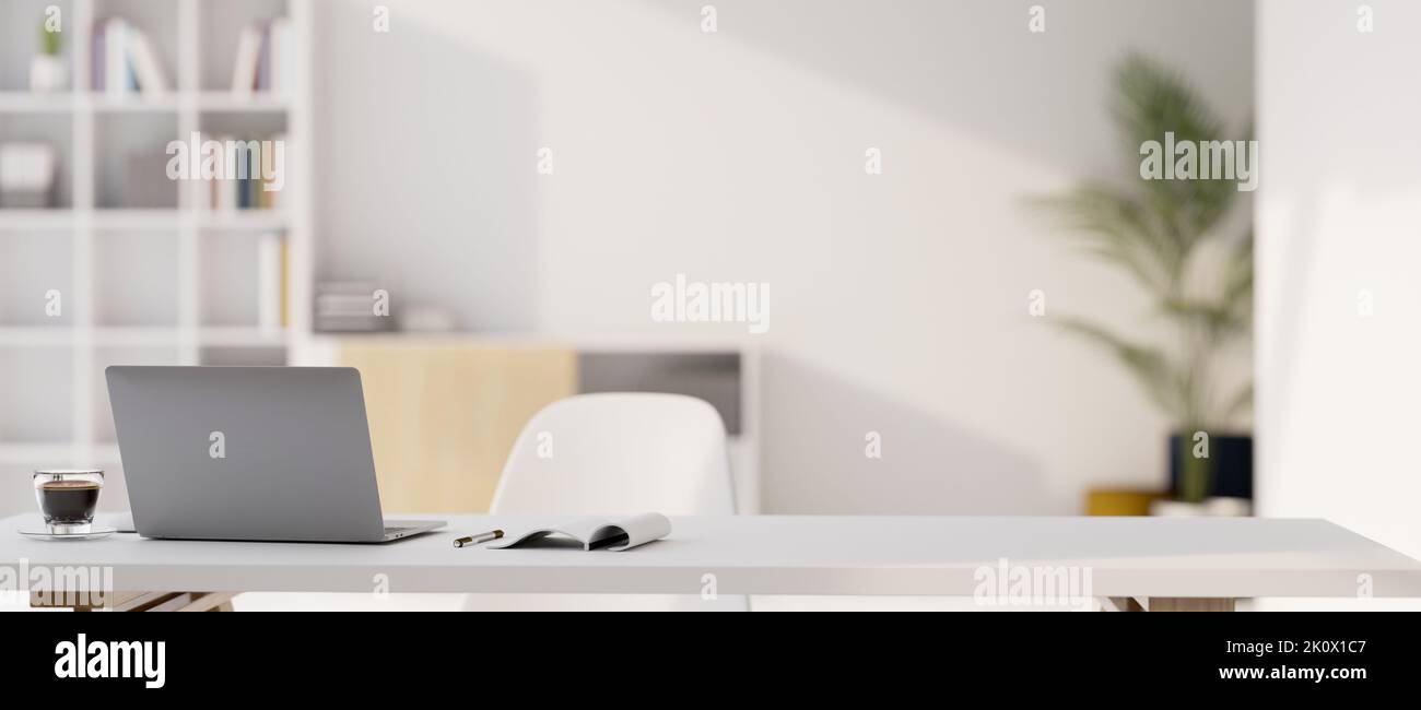 Modern minimal white office room, white desk workspace with notebook ...