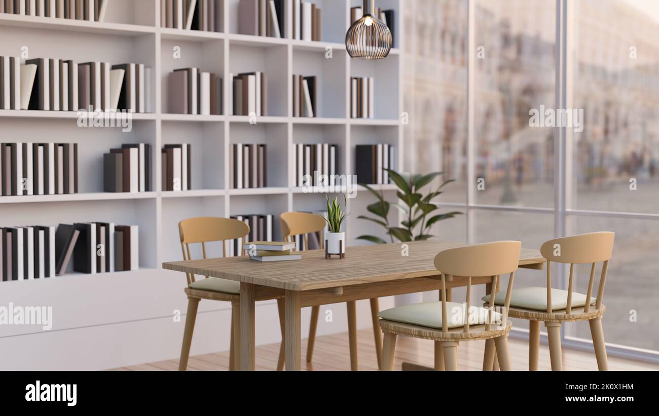 Minimal modern and comfortable library with reading space interior design, white built-in ...