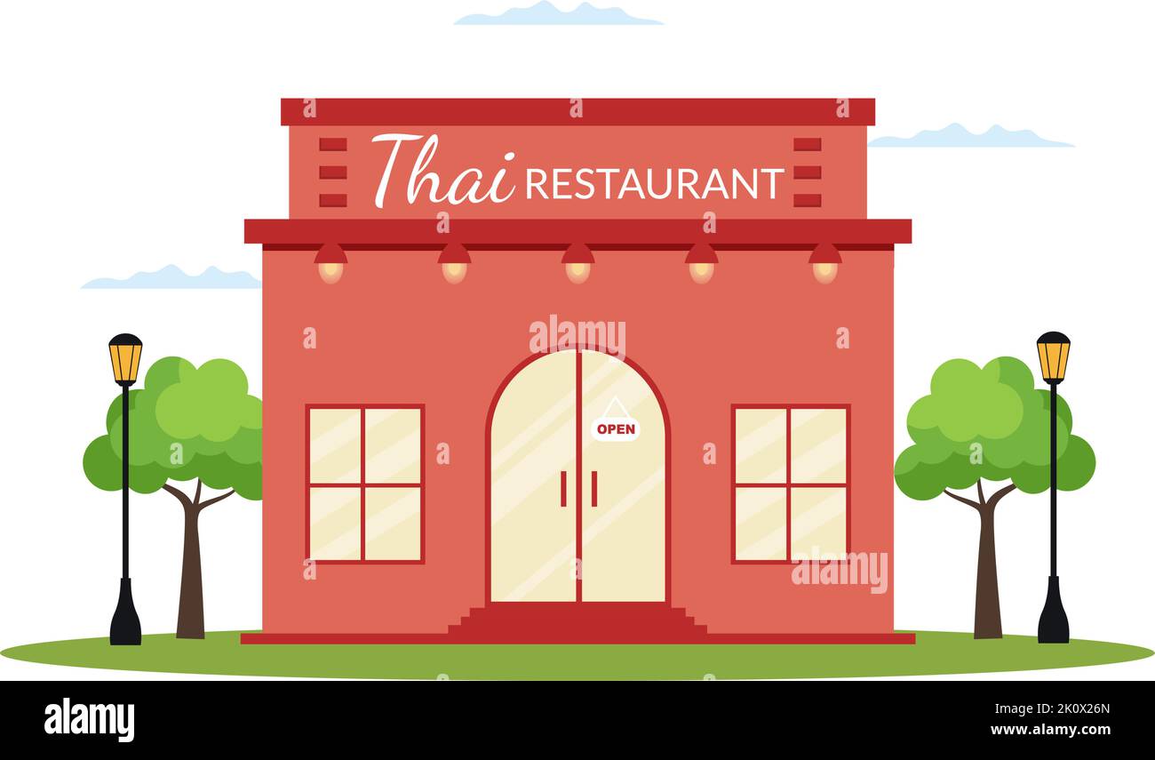 Traditional Thai Food Restaurant or Cafe Building Template Hand Drawn ...
