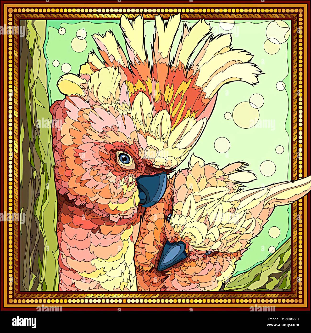 portrait picture of two pink parrots with frame Stock Photo - Alamy