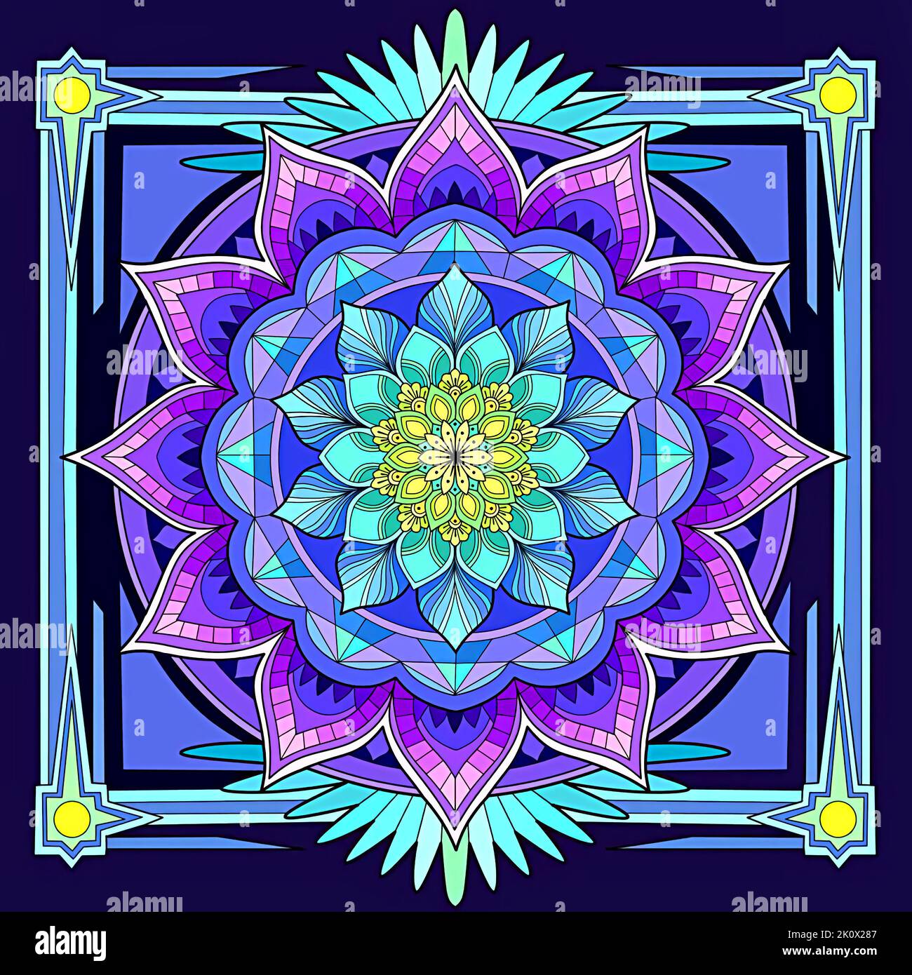 mandala with a flower shape with a mix of colors, green, yellow, blue ...