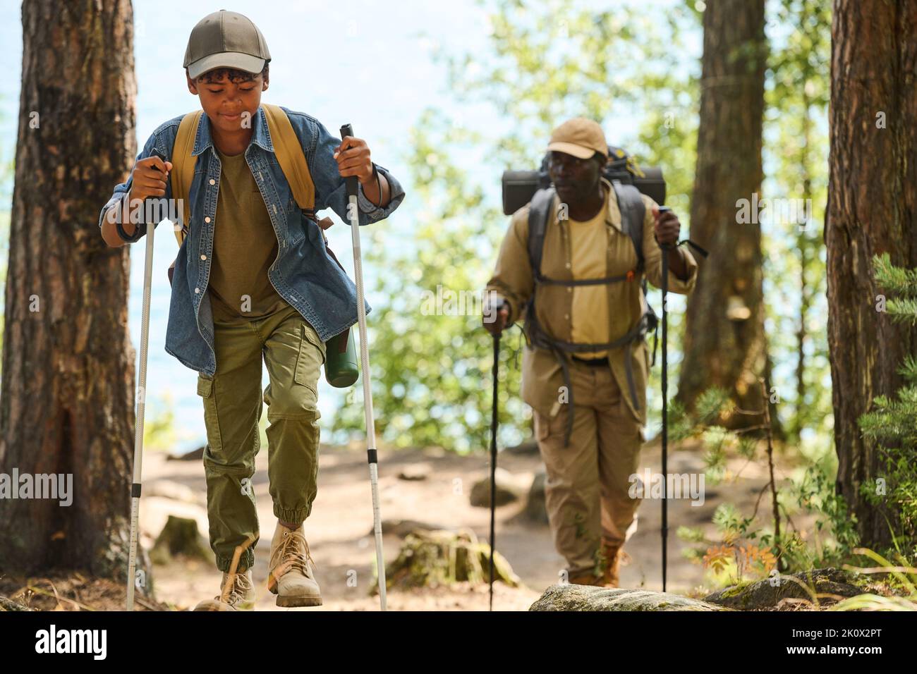 Youthful boy in casualwear moving down footpath in pine tree forest ...