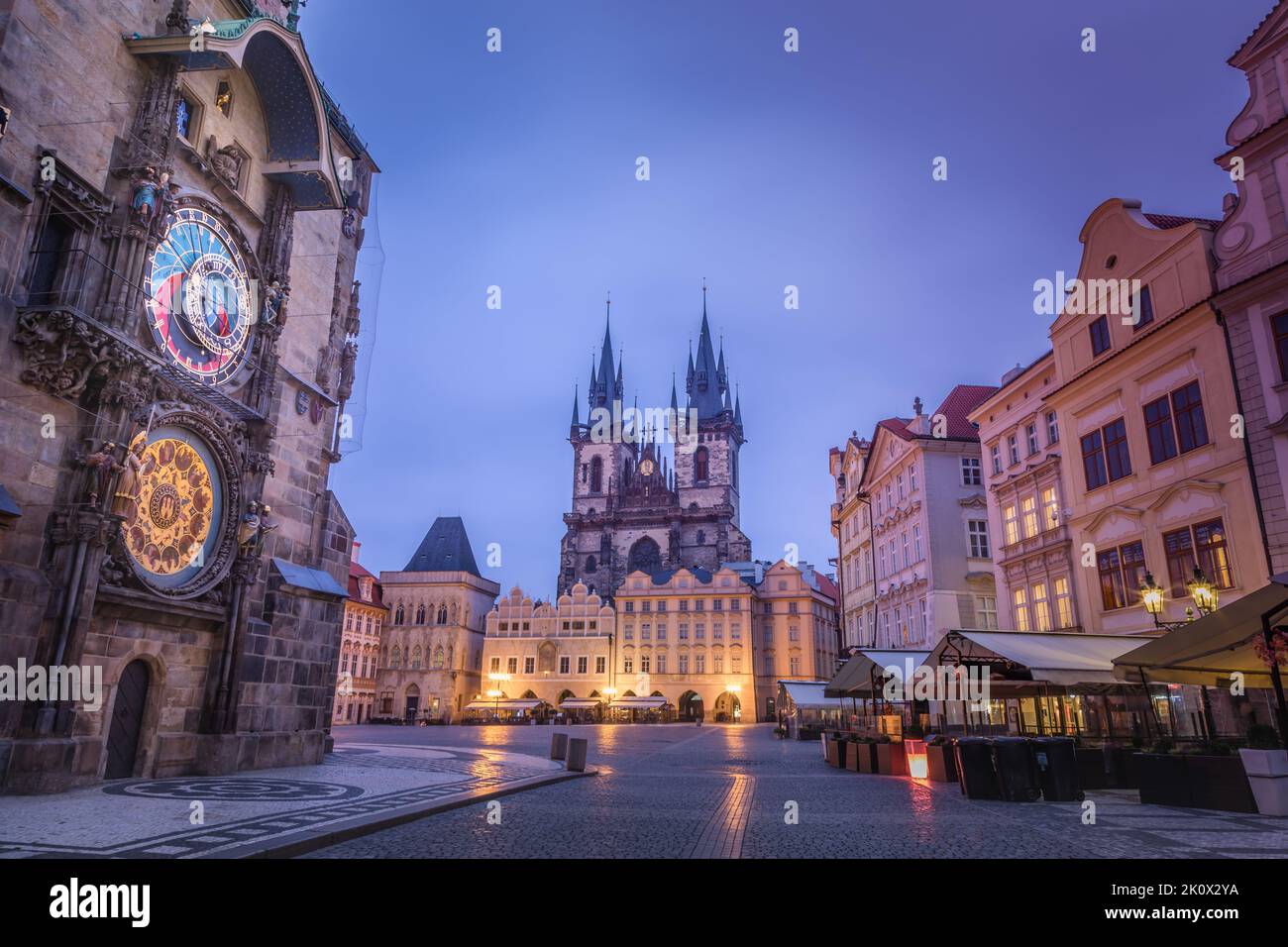 Astronomical clock in Prague old town square at dawn, Czech Republic ...