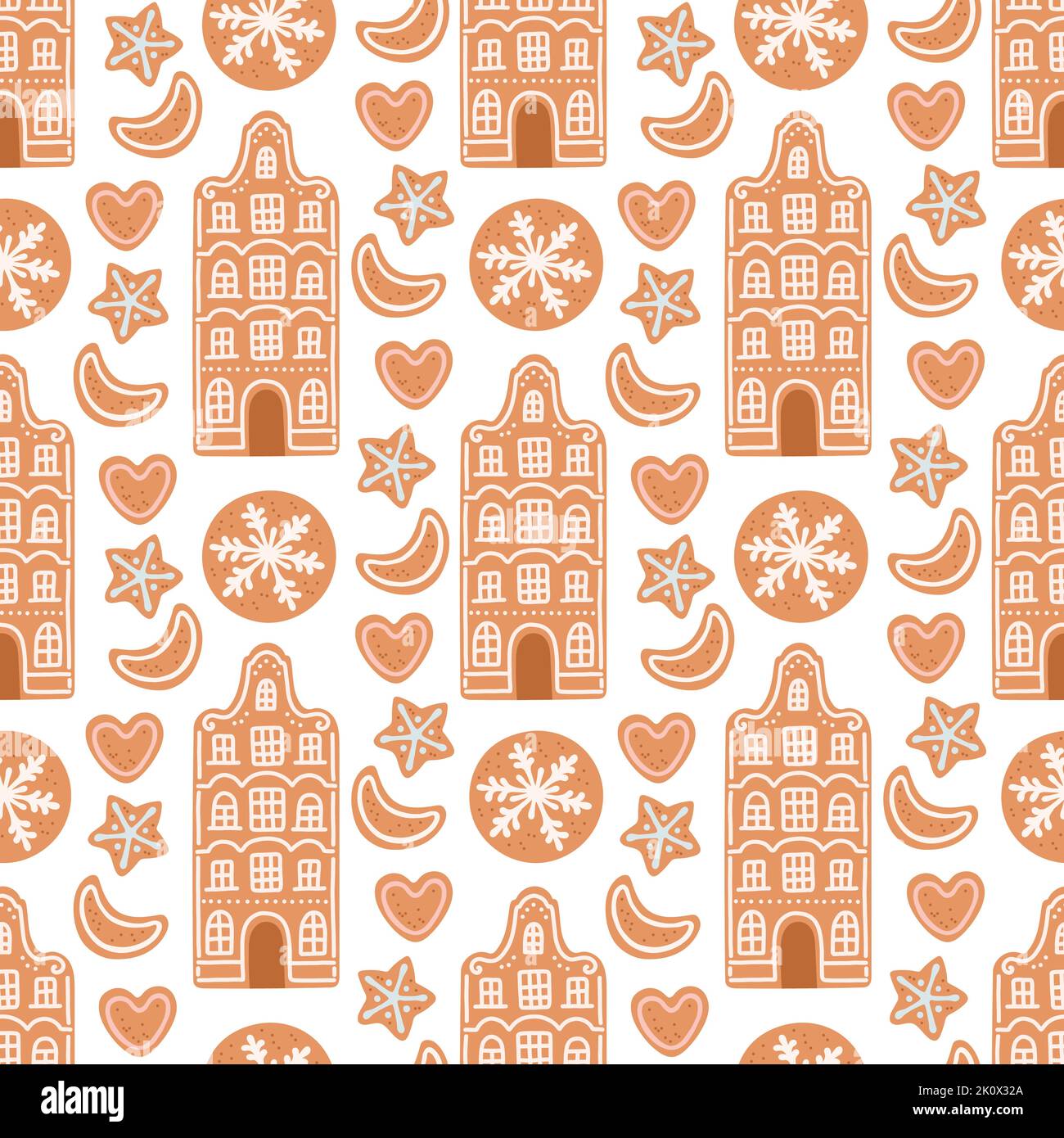 Gingerbread Christmas seamless pattern house cookies isolated on white ...