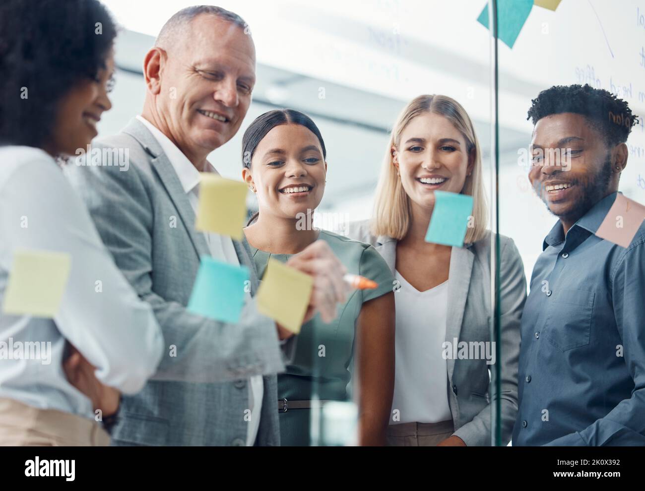 Teamwork, sticky notes or business team on a strategy, moodboard or ...