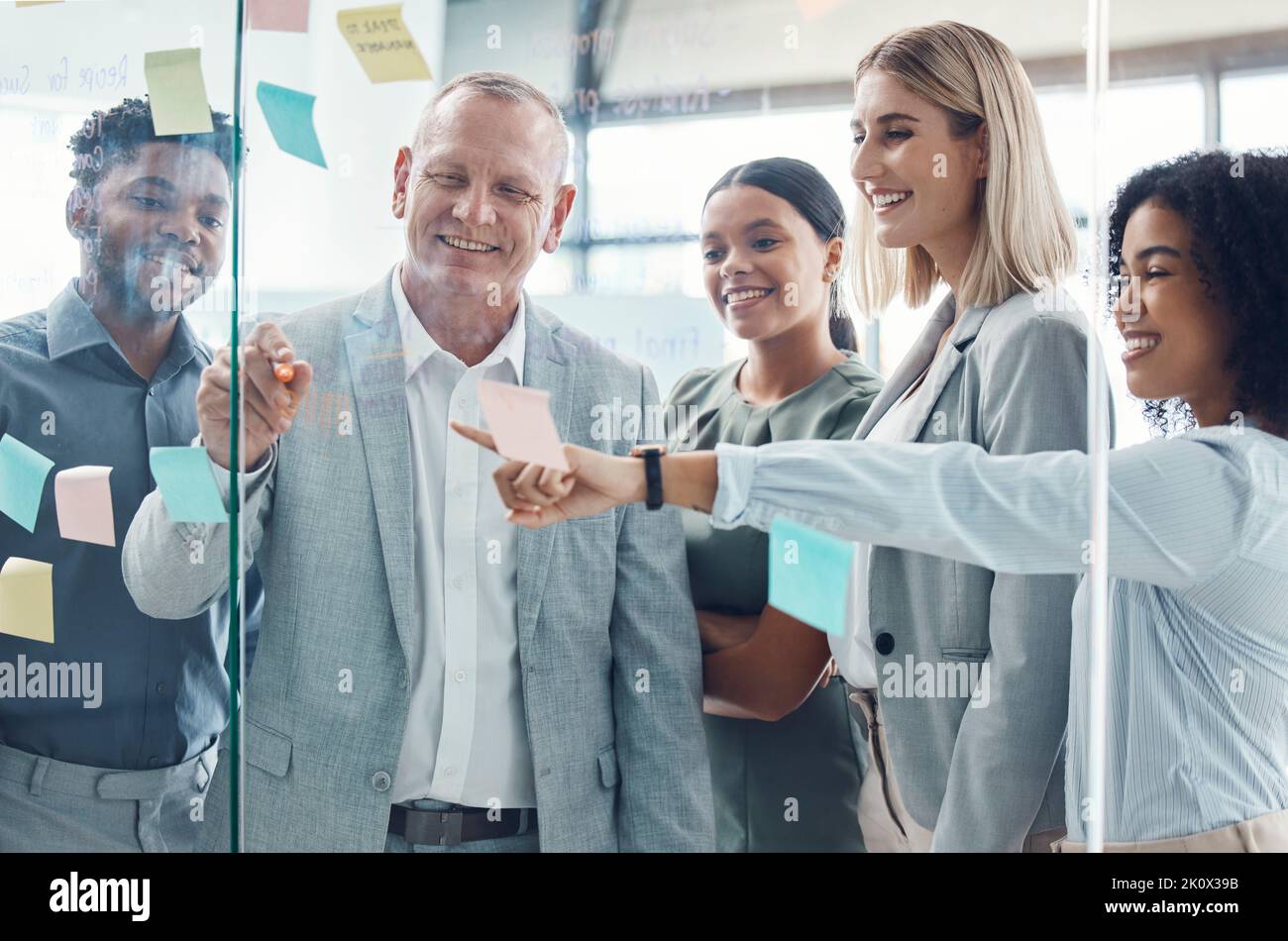 Business people planning on sticky note in meeting, post it paper for ...