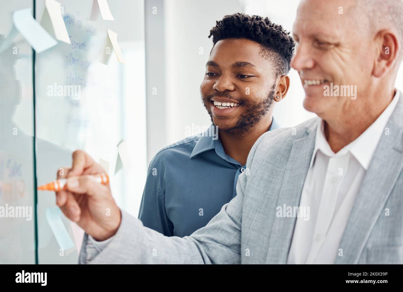 Collaboration, support or teamwork on post it for vision, target and ...