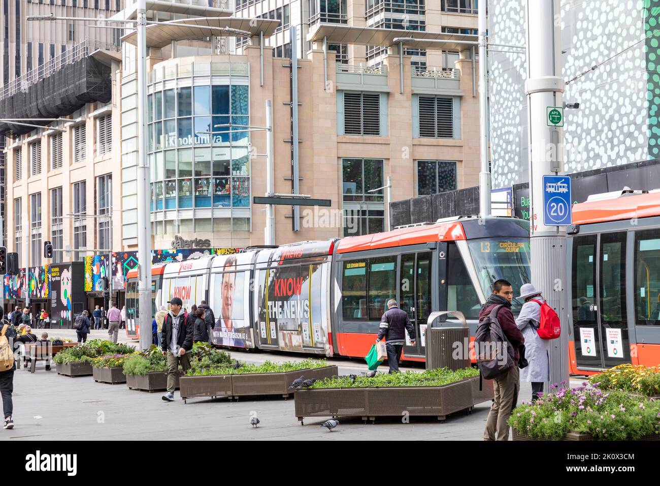 Sydney CBD light rail train at Town Hall light rail stop, carriage has ...