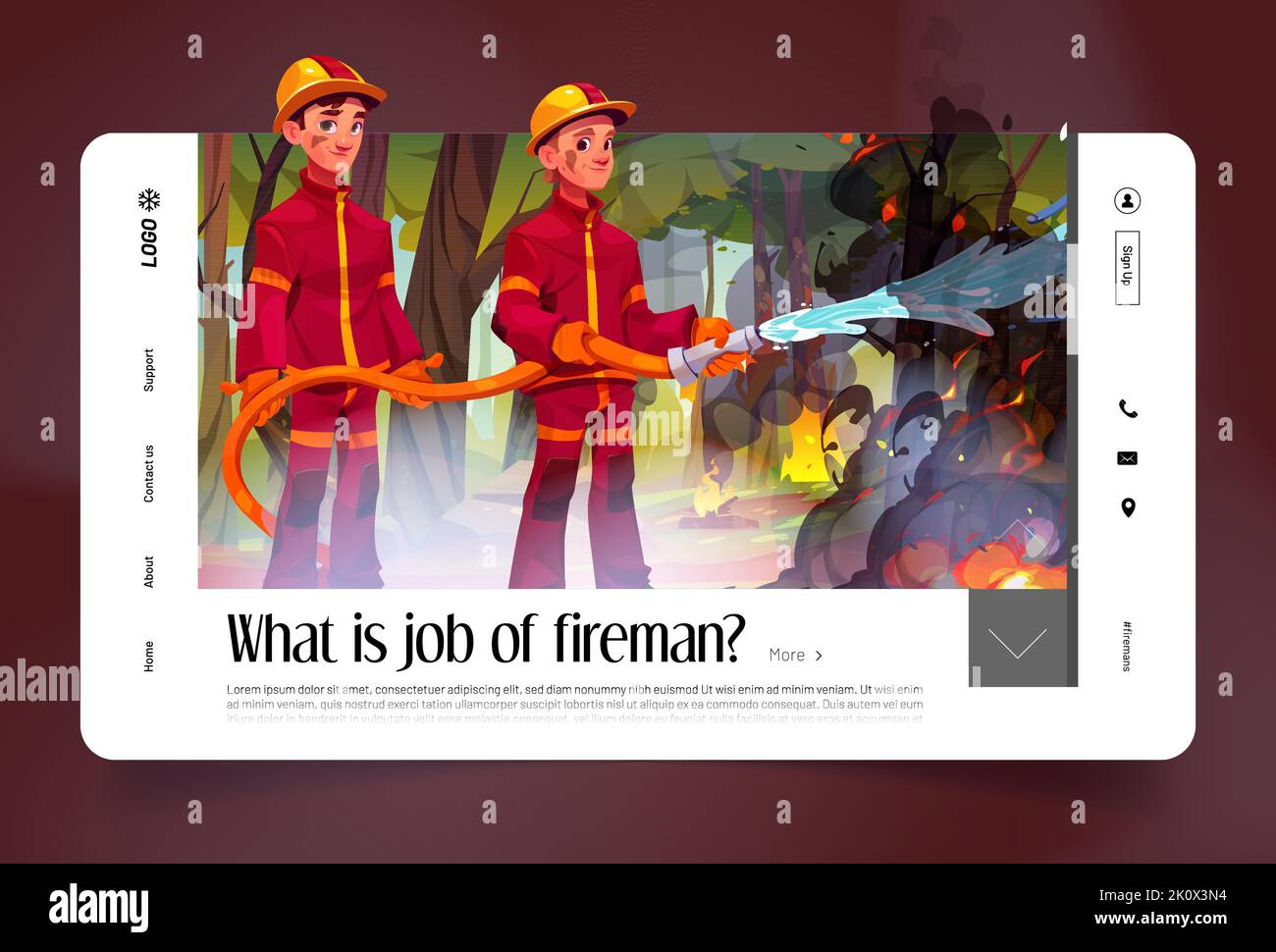 Fireman job banner with men in safety uniform with water hose ...