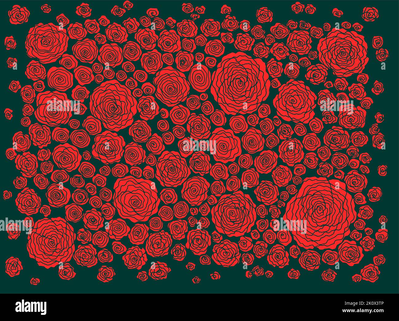 Floral doodle background pattern with roses. Red and green line art ...