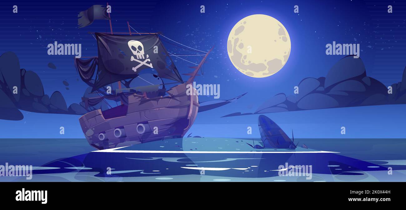 Small island in sea with broken pirate ship at night. Vector cartoon ...