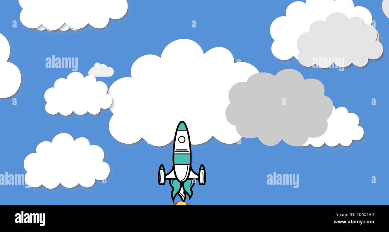 Image of spaceship rocket taking off with cut outs of white and grey ...