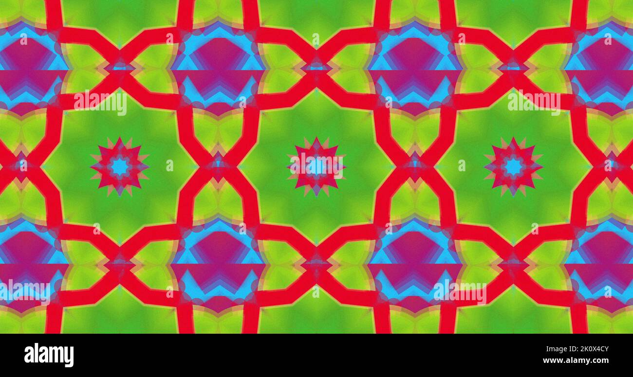 Image of rows of glowing multiple kaleidoscope abstract shapes moving in hypnotic motion in ...