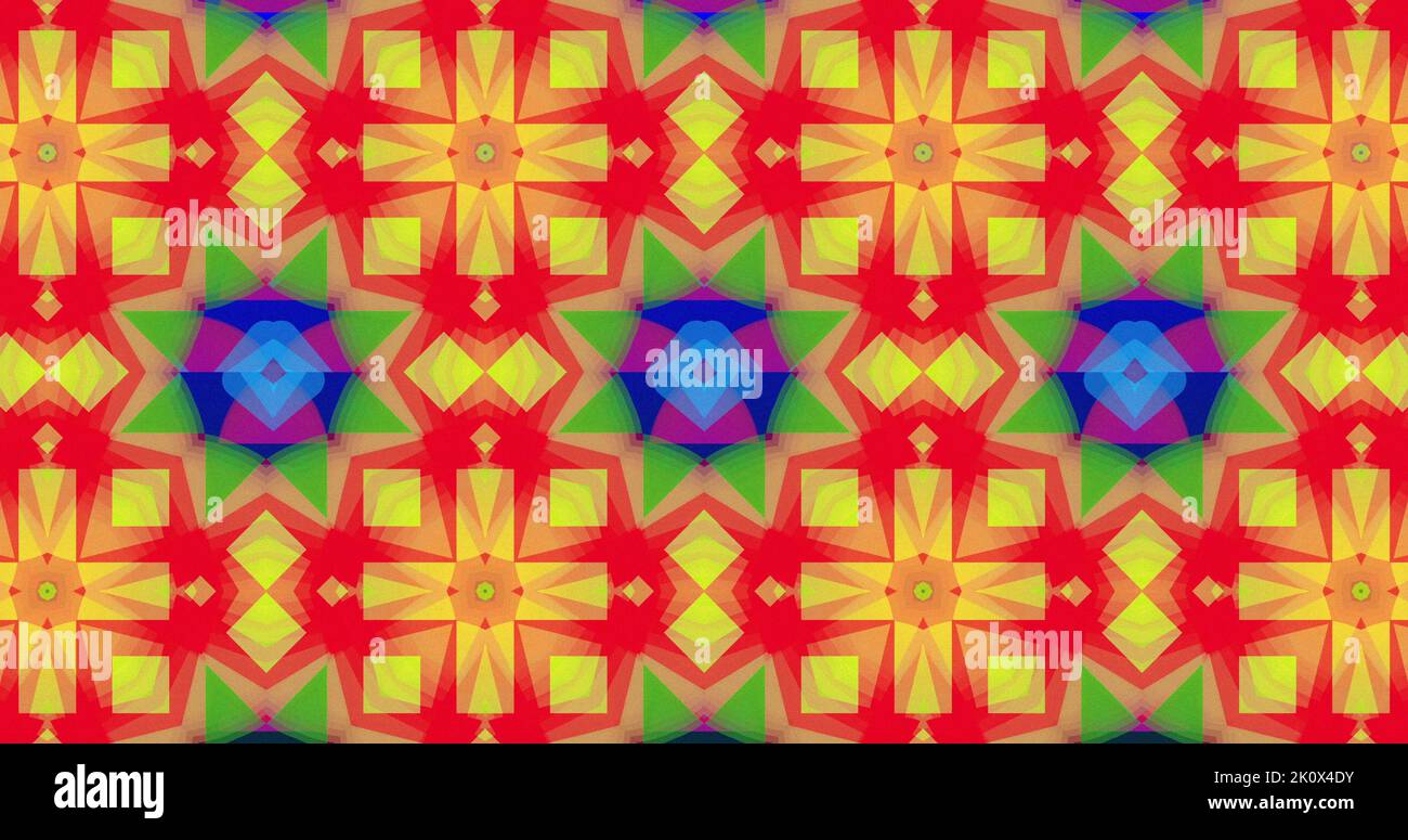 Image of rows of glowing multiple kaleidoscope abstract shapes moving in hypnotic motion in ...