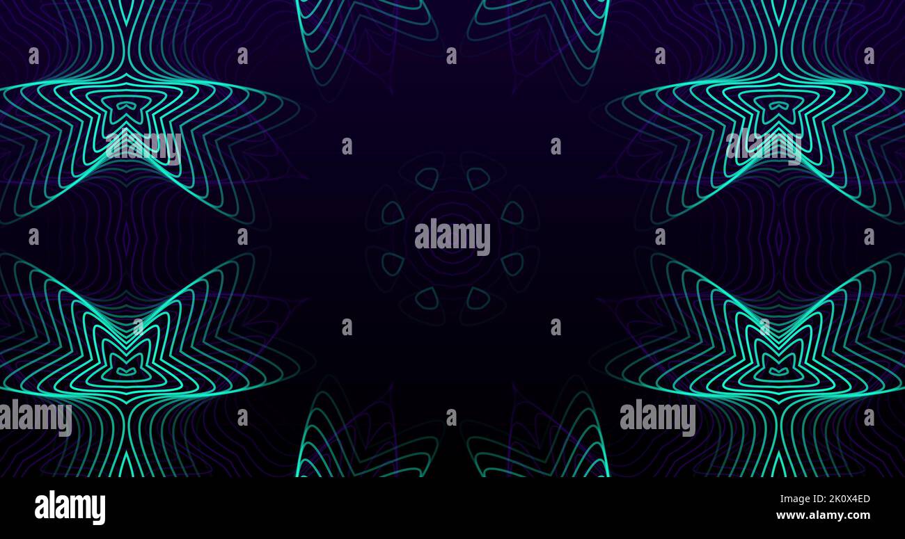 Image of rows of glowing multiple kaleidoscope abstract outlined shapes moving in hypnotic ...