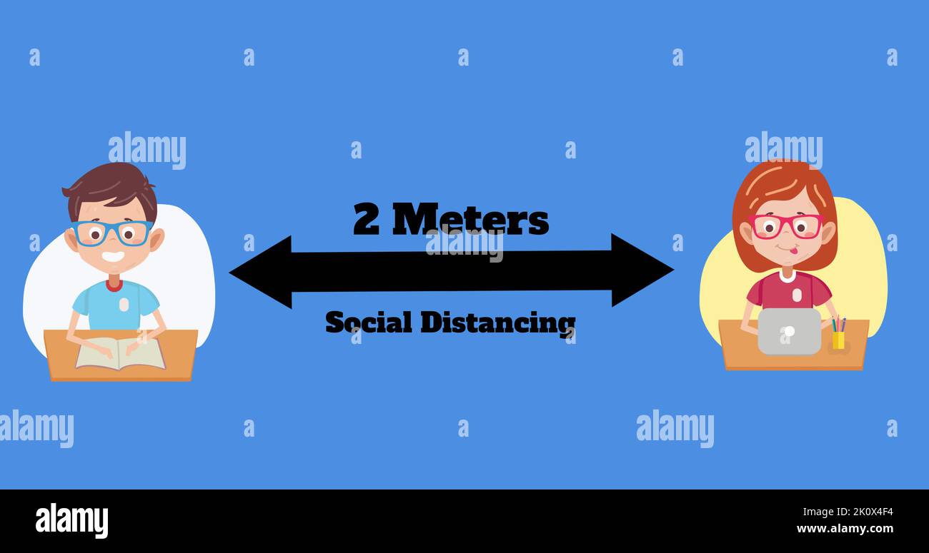 Image of schoolgirl and schoolboy icons maintaining 2 meters social ...