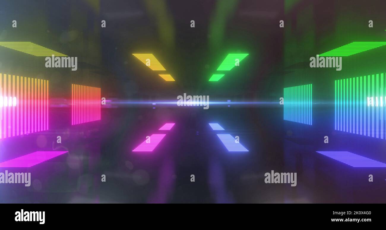 Image of multiple multi colored glowing stripes forming tunnel moving ...
