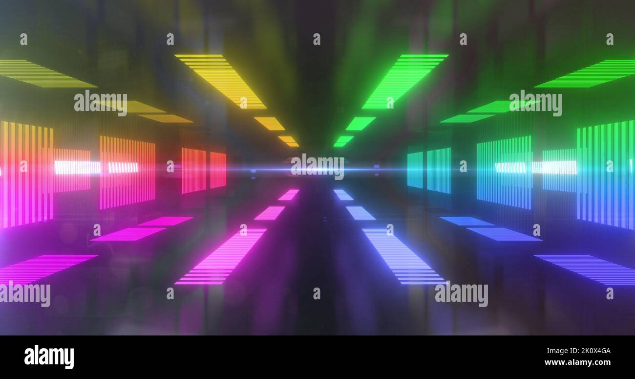 Image of multiple multi colored glowing stripes forming tunnel moving ...
