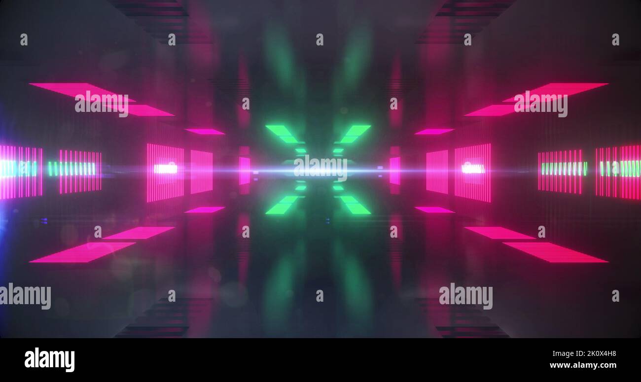 Image of multiple green and pink glowing stripes forming tunnel moving ...